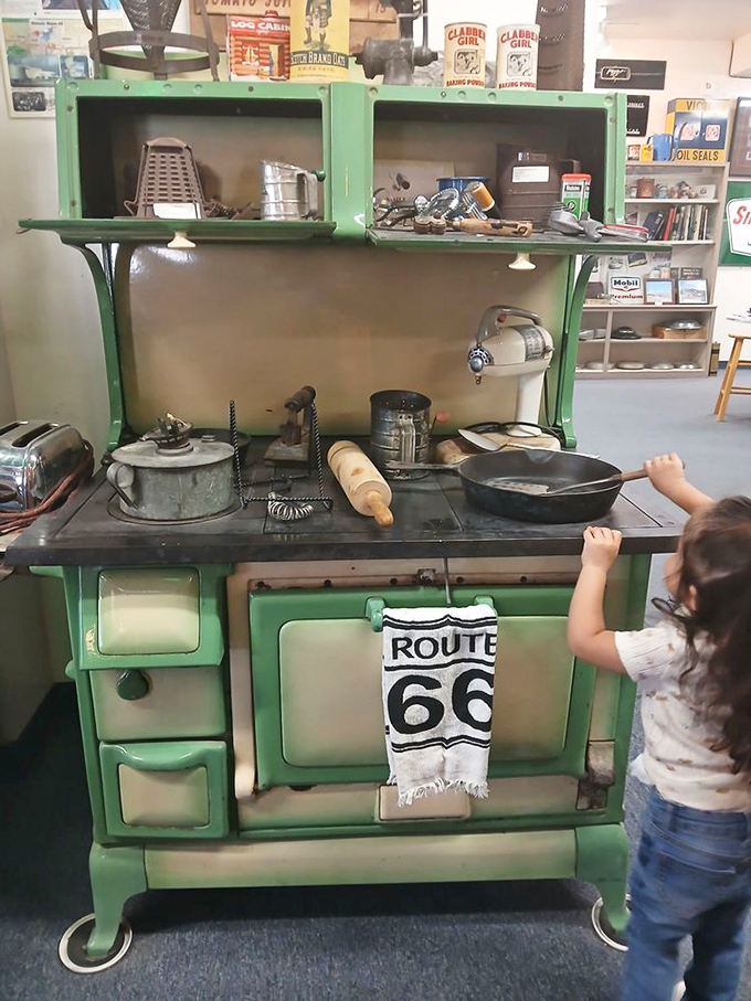 The mint-green vintage stove reminds us of road trip pit stops at grandma's house, where pie was always cooling and coffee was always brewing.