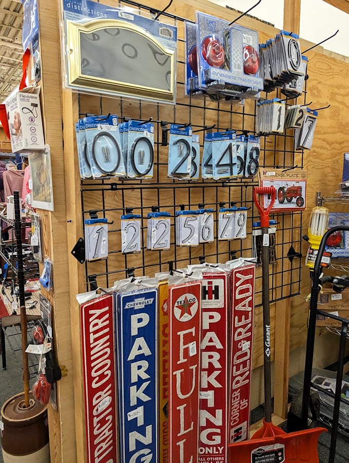 Vintage meets practical in this nostalgic display of Americana. These metal signs and house numbers transform ordinary spaces into conversation starters.