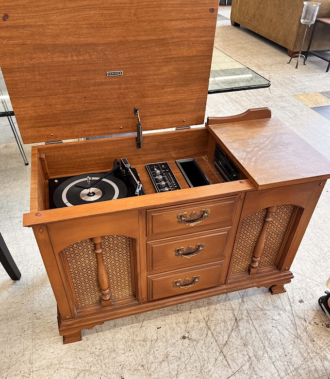 The holy grail of thrift finds! This vintage stereo console represents the pinnacle of 1970s entertainment technology &ndash; complete with turntable for your vinyl revival.