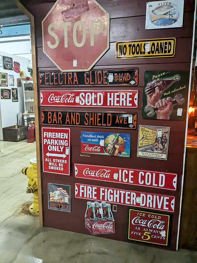 A wall of vintage signage that screams Americana&mdash;where Coca-Cola is always five cents and firemen get the best parking spots.