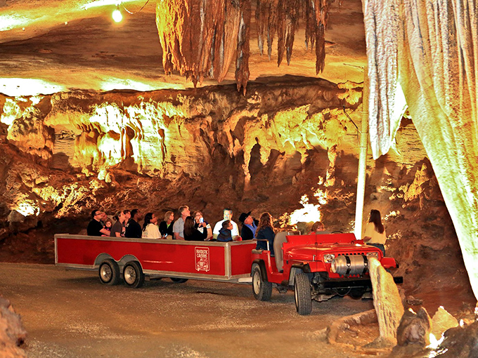 All aboard the underground express! Visitors enjoy the unique ride-through experience that makes Fantastic Caverns accessible to everyone.