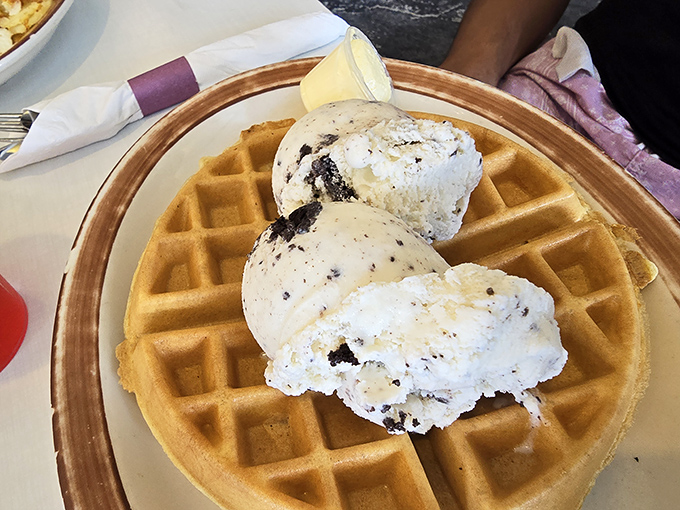 A golden waffle crowned with scoops of ice cream &ndash; proof that sometimes the best breakfast decisions aren't the most responsible ones.