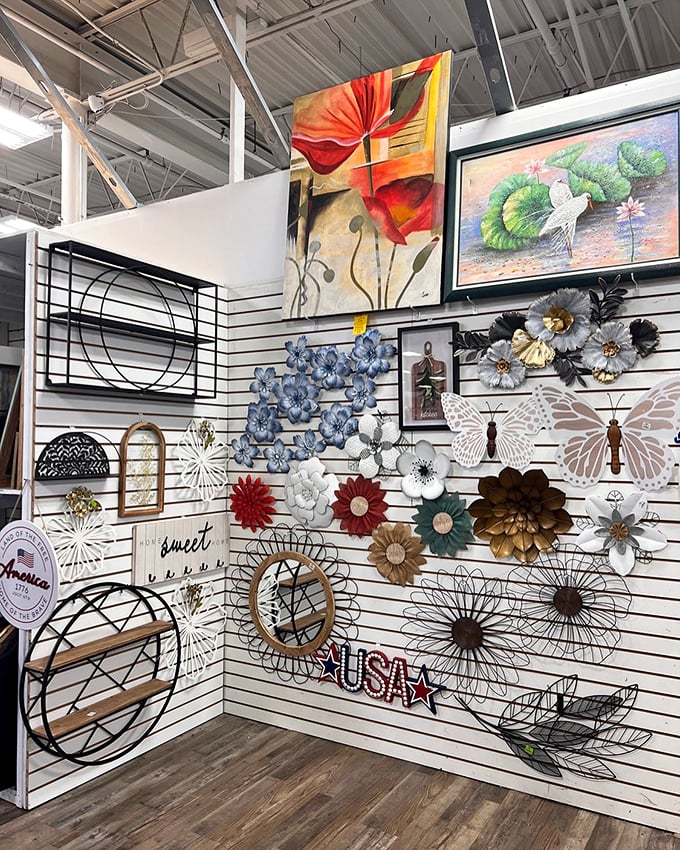 Wall art that spans every taste from abstract poppies to metal butterflies. Someone's former decor statement is your next living room transformation.