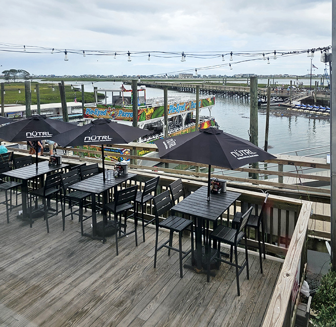 Waterfront dining with a view of the inlet and docks&mdash;where the journey from boat to plate is measured in yards, not miles.