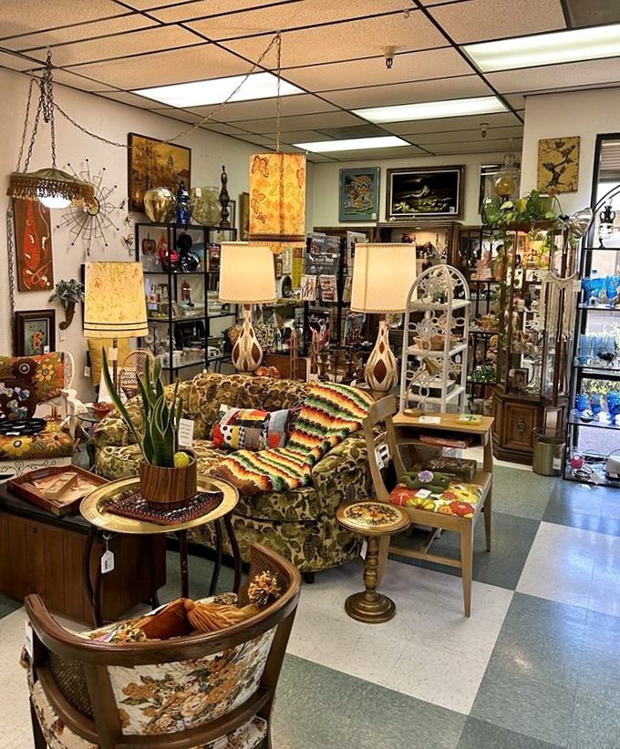 A living room vignette that proves floral patterns and warm wood tones create more genuine comfort than any minimalist design magazine spread.