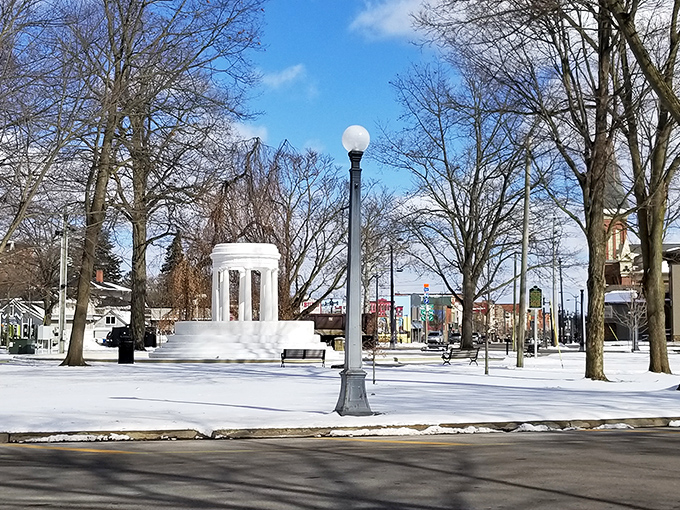 Winter transforms Marshall's historic district into a snow globe scene, where even the gazebo looks like it's waiting for Jimmy Stewart to run past shouting "Merry Christmas!"