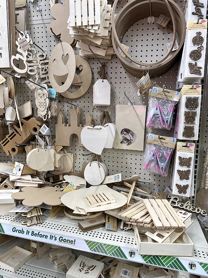DIY dreams take shape in the craft section, where wooden blanks await transformation into Pinterest-worthy creations that friends will swear came from Etsy.