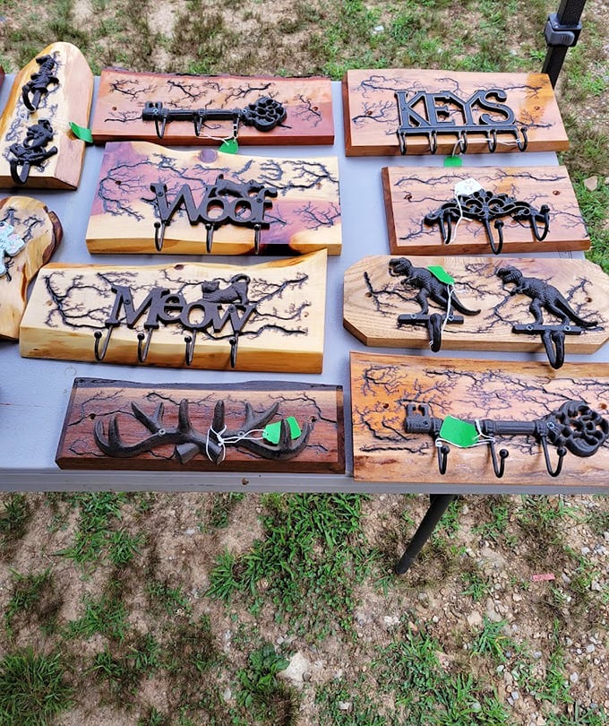 Wooden key holders ensuring you'll never lose your keys again, assuming you remember where you hung them.