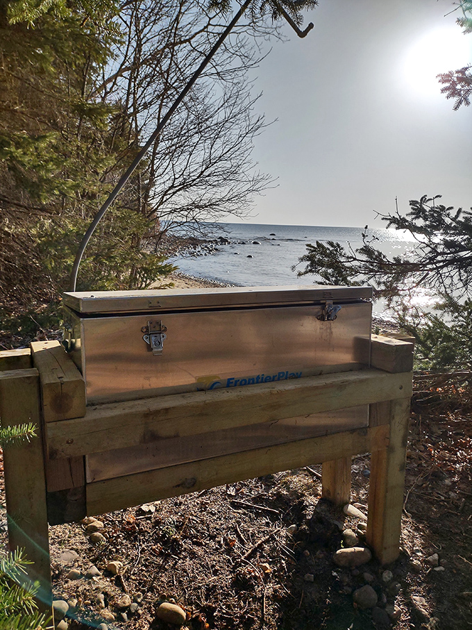 Beach cooler with a view! This rustic storage solution proves that sometimes the simplest amenities make wilderness camping feel downright luxurious.