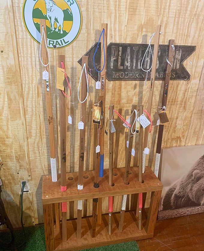 Not just sticks—vintage ski poles and walking staffs with stories of mountains climbed and trails blazed in winters long past.