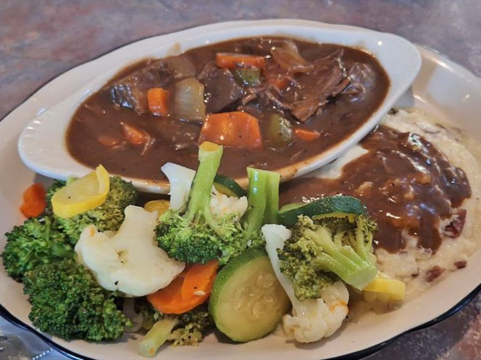 Yankee pot roast that would make your grandmother nod in approval&mdash;fork-tender meat swimming in gravy that's clearly been simmering since breakfast.