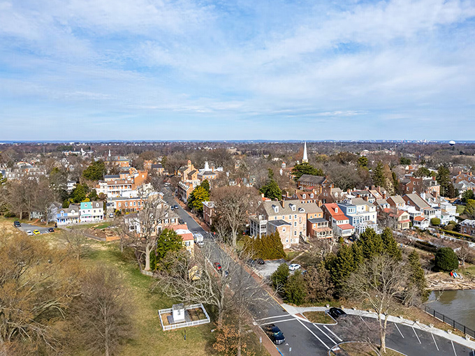 From above, New Castle reveals itself as a perfectly preserved colonial jewel nestled against the shimmering Delaware River.