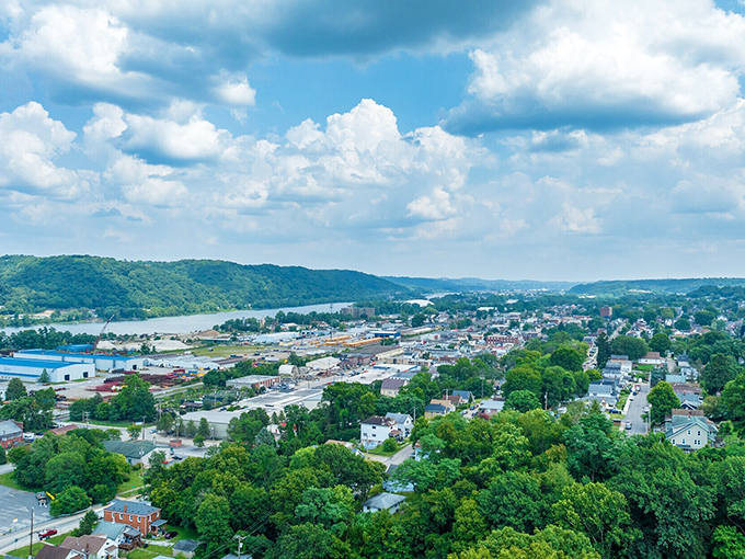 From above, Coraopolis reveals its perfect positioning—nestled between rolling green hills and the winding Ohio River, nature's version of a group hug.