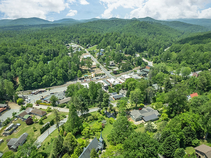 From above, Saluda reveals its perfect nestling among the Blue Ridge Mountains, a tiny town with an oversized personality and endless green embrace.