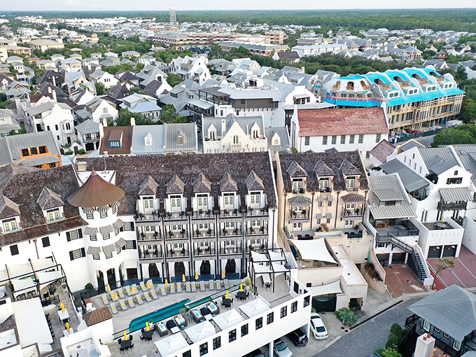From above, Rosemary Beach reveals itself as a masterclass in thoughtful urban planning, where every roofline and courtyard serves a purpose.