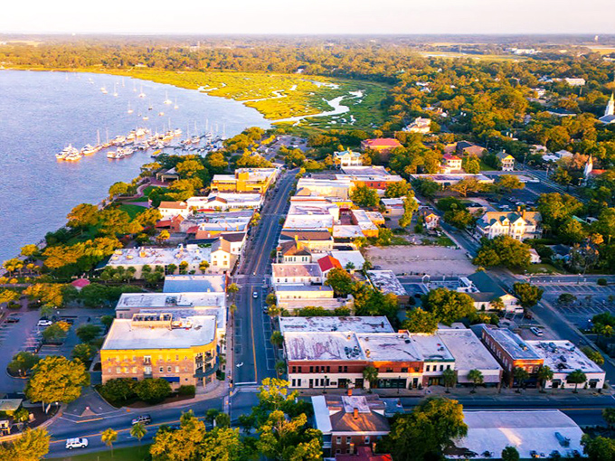 Beaufort's aerial view reveals its perfect marriage of historic downtown and coastal splendor. A watercolor painting come to life from this heavenly perspective.