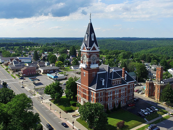 From above, Clarion reveals its perfect nestling among Pennsylvania's rolling green hills, the courthouse and its distinctive tower anchoring this timeless American tableau.
