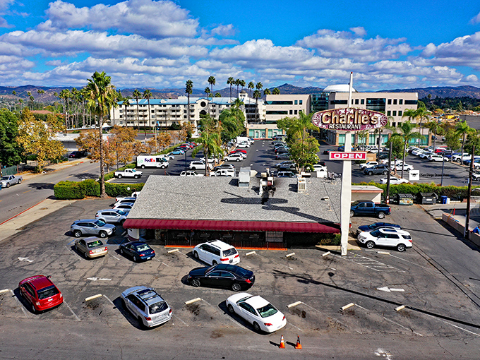 From above, Charlie's looks unassuming &ndash; but locals know this parking lot fills up faster than a waffle soaks up syrup.