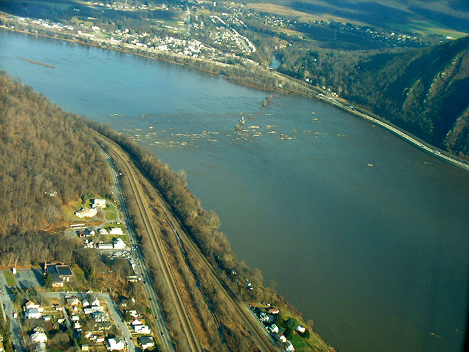 The mighty Susquehanna River curves alongside Bloomsburg, a silver ribbon connecting the town to Pennsylvania's natural heritage and transportation history.