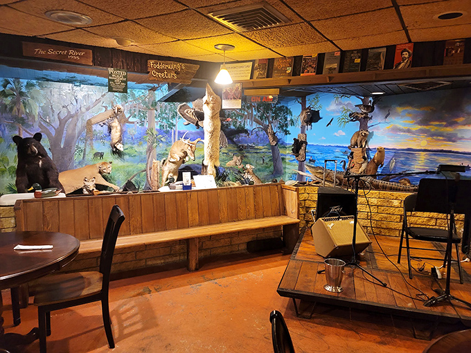 The stage area features Florida wildlife displays and murals depicting natural landscapes &ndash; dining with a side of natural history education.