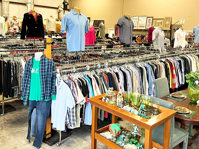 The men's department showcases everything from casual Friday polos to Sunday best button-ups, with mannequins modeling the thrifted possibilities.
