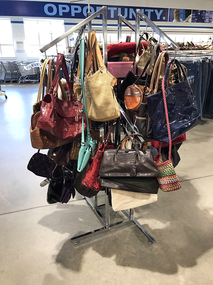The handbag carousel&mdash;a merry-go-round of fashion possibilities. That red leather tote probably cost someone's weekly salary; now it could be yours for lunch money.