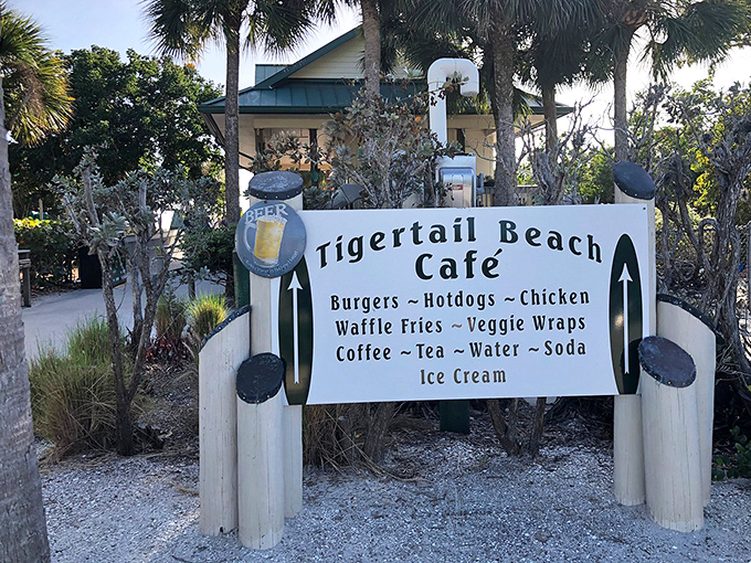 The Tigertail Beach Caf&eacute; sign promises simple pleasures. Because after battling the lagoon crossing, you've earned that ice cream cone.
