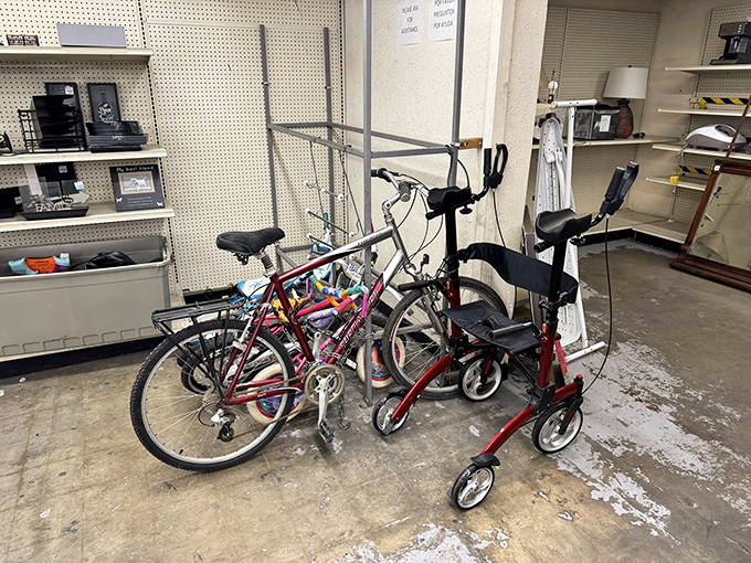 The bicycle graveyard, where two-wheeled adventures await resurrection. That red Schwinn still has miles of memories left to make on some lucky rider's journey.