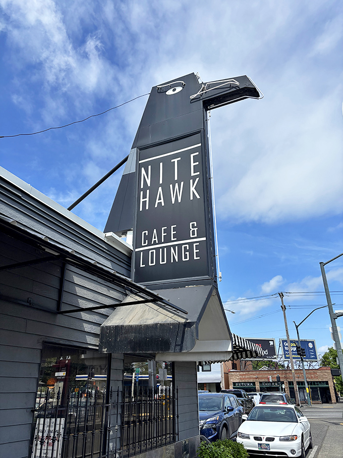 That hawk silhouette against blue Portland skies isn't just clever branding&mdash;it's a landmark that says "turn here for happiness on a plate."