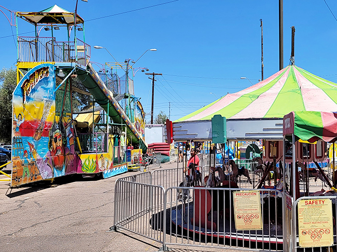 Even carnival rides find their way to the swap meet! These colorful attractions add a county fair atmosphere to the already sensory-rich shopping experience.