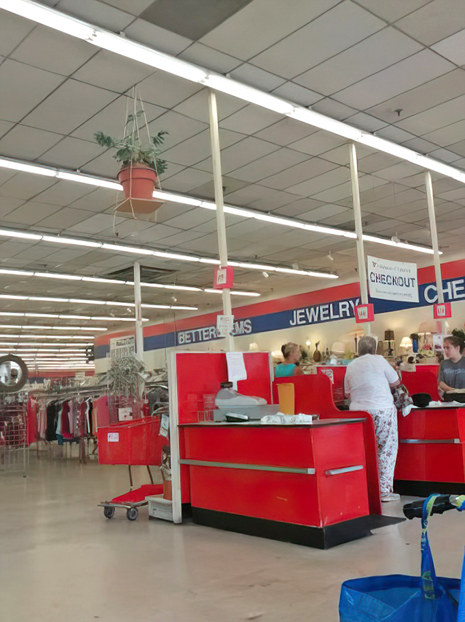 The finish line of frugality. These red checkout counters have witnessed more victory dances than an end zone during football season.