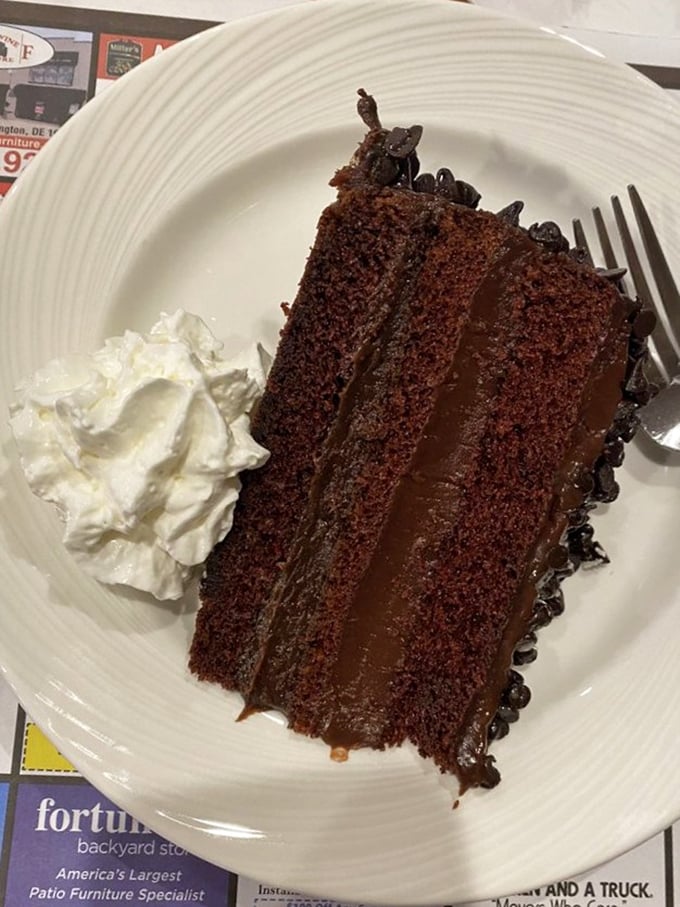Chocolate cake so rich it should come with its own tax bracket. That thick frosting isn't just dessert—it's therapy on a plate.