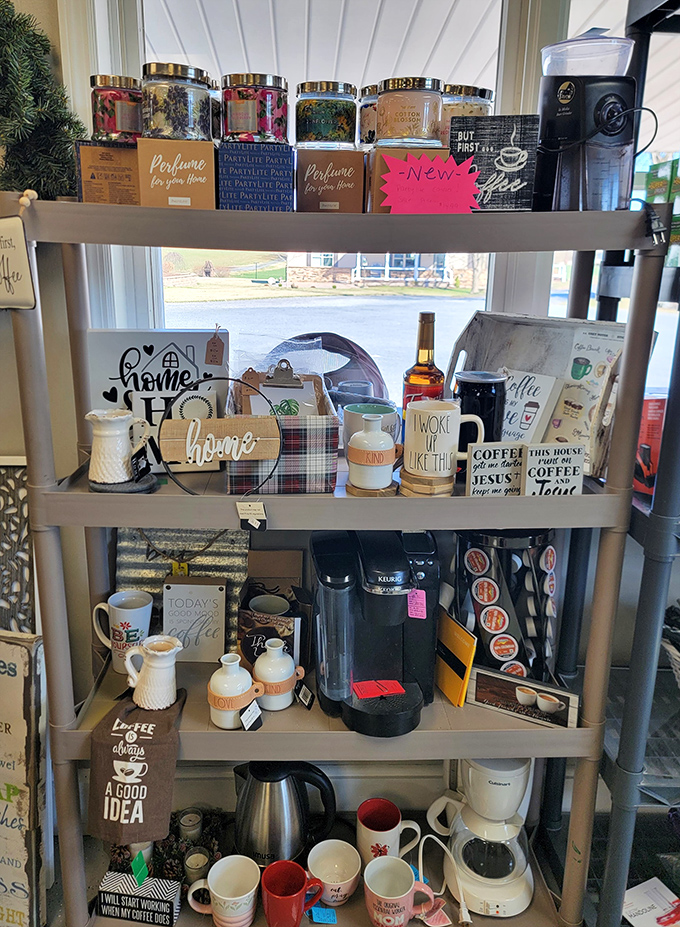 The coffee lover's corner—where mugs, makers, and witty signage celebrate America's favorite morning ritual. "But first, coffee" indeed!