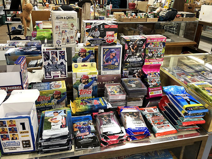 Card collectors' paradise where childhood nostalgia meets serious investment. Baseball memories preserved in plastic, waiting for the perfect fan.