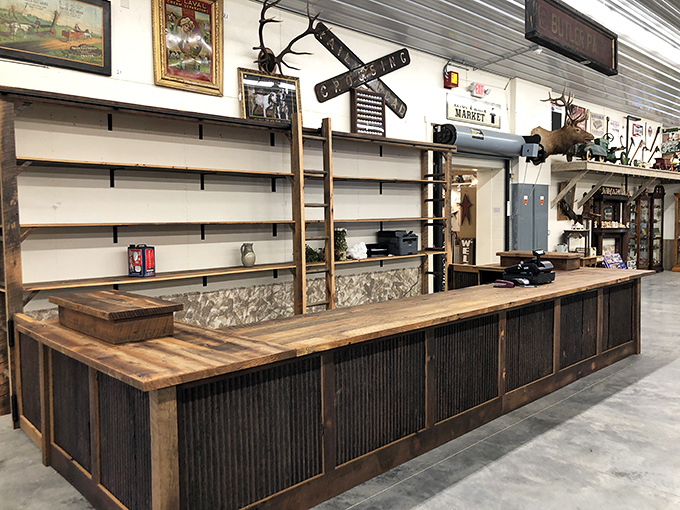This isn't just a counter&mdash;it's command central for treasure hunting operations, backed by empty shelves waiting to showcase the next batch of historical gems.