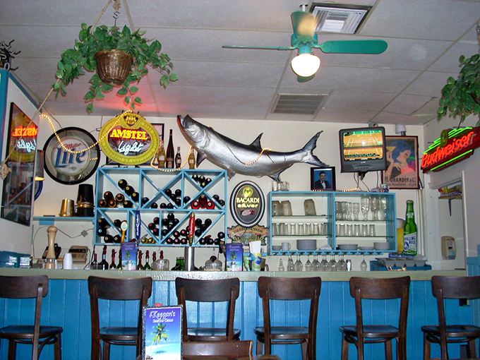 The bar area where fish trophies watch over bottles of promise, and locals exchange fishing tales that grow more impressive with each round.