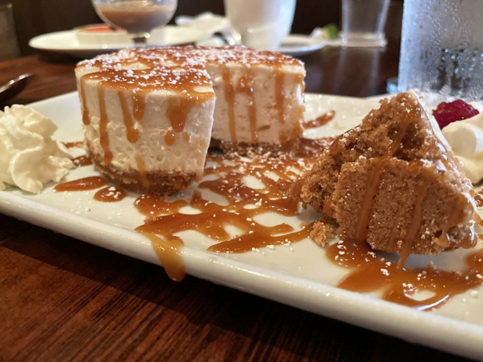 Cheesecake drizzled with caramel that demands to be photographed before it's devoured. Dessert here isn't an afterthought—it's the final act of a culinary performance