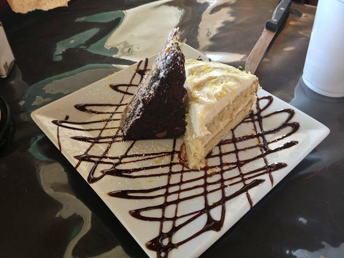 Just when you think you can't possibly eat another bite, dessert appears and suddenly you find room. The chocolate side is calling my name.