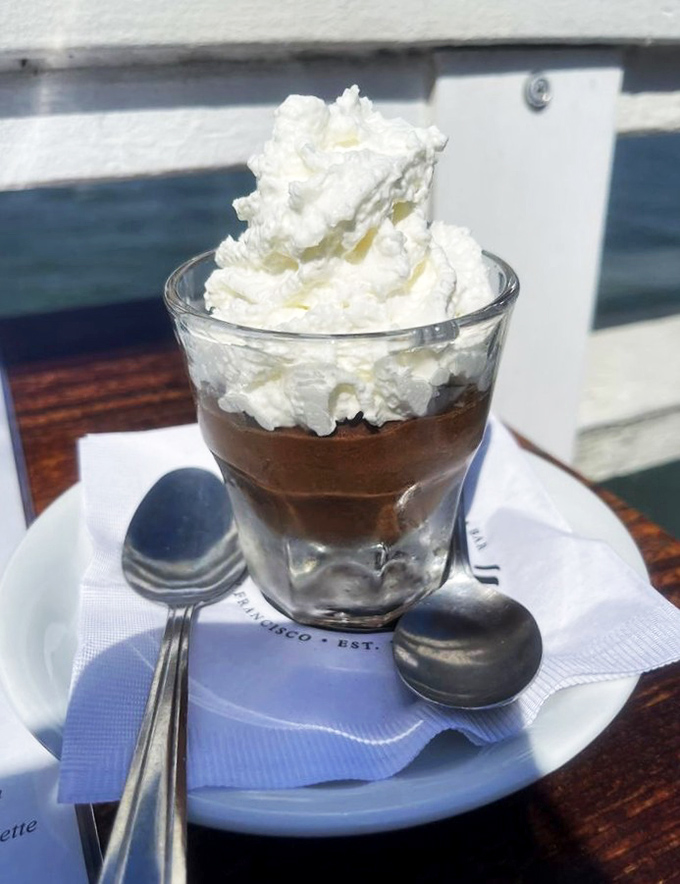 Chocolate mousse with whipped cream that makes you wonder why anyone bothers with complicated desserts when perfection is this simple.