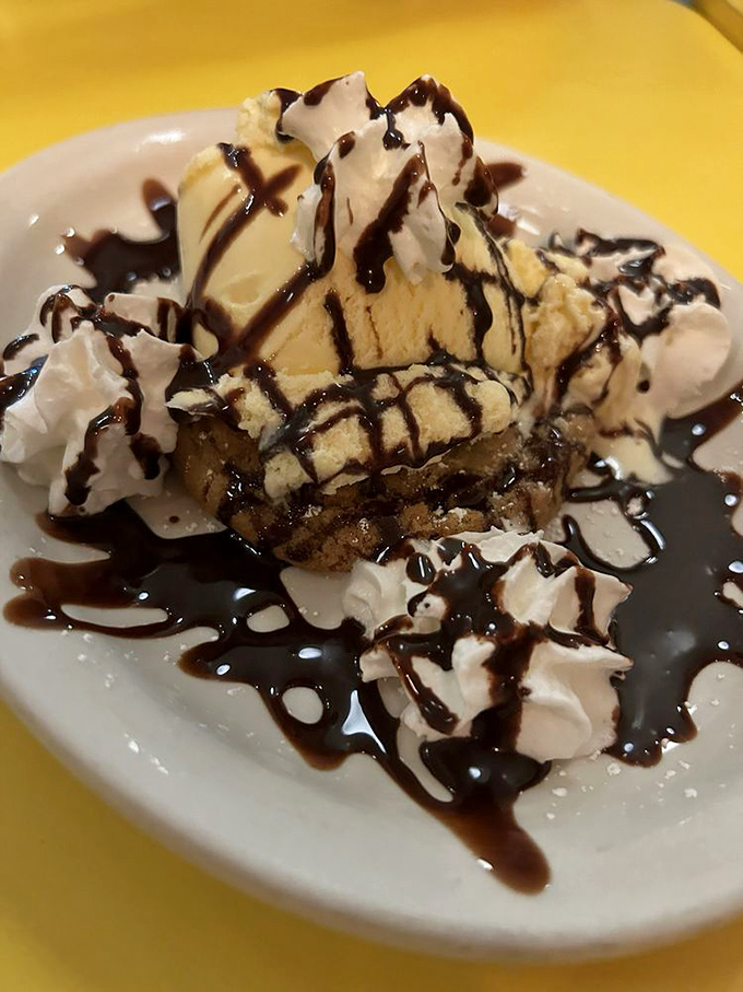 Some desserts whisper. This one—with its ice cream, chocolate drizzle, and whipped cream—belts out a Broadway finale of sweetness.