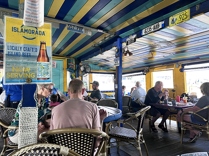 Where strangers become friends over cold drinks and shared views. The license plates overhead remind you how far some have traveled for this exact moment.