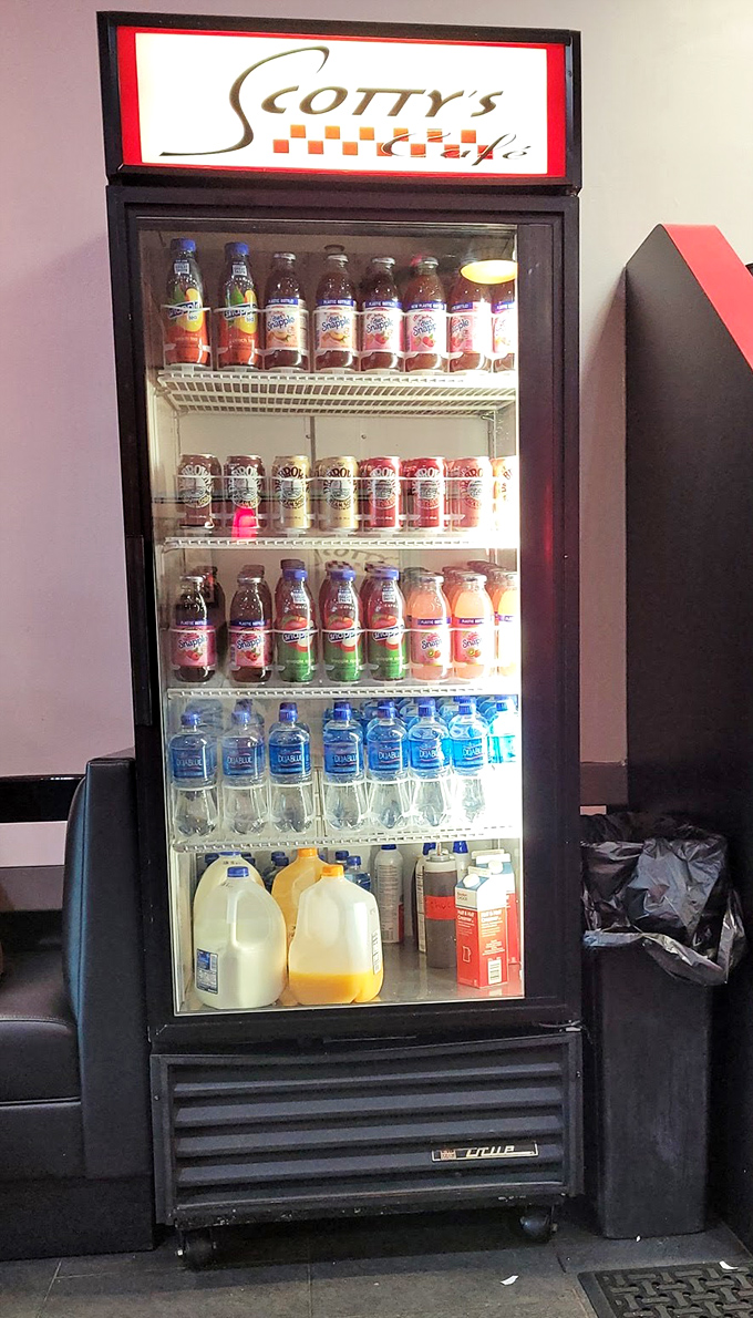 The drink case stands ready for whatever beverage emergency might arise. From juice to milk to water, hydration options abound for every preference.