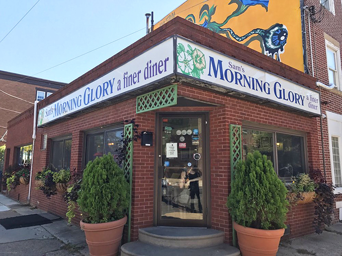Two potted shrubs stand guard at the entrance like friendly bouncers, welcoming you to one of Philadelphia's most beloved breakfast destinations.