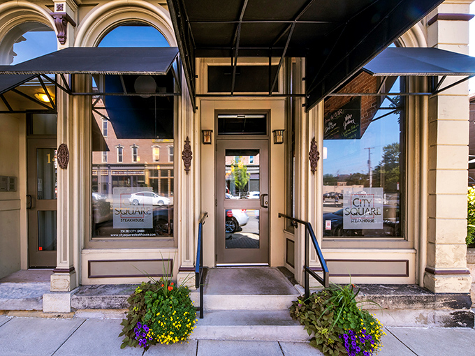 The welcoming entrance that promises culinary adventures await just steps beyond these doors.