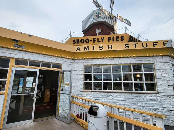 "Shoo-Fly Pies" and "Amish Stuff"&mdash;the sign promises exactly what it delivers. No fancy marketing needed when your product speaks for itself.