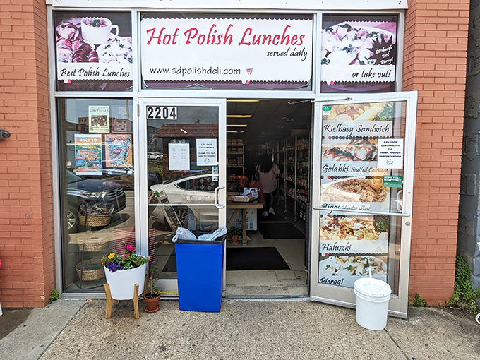 The welcoming entrance promises "Hot Polish Lunches" daily&mdash;six words that might be the most honest advertising in the food world.