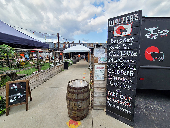 The entrance that promises smoky treasures within. Walter's sign and barrel out front are like a barbecue beacon calling hungry Pittsburghers home.