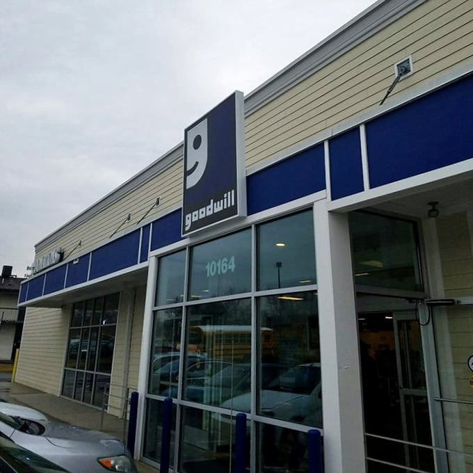 Even on cloudy days, the Goodwill entrance promises sunshine for your wallet and unexpected treasures for your home.
