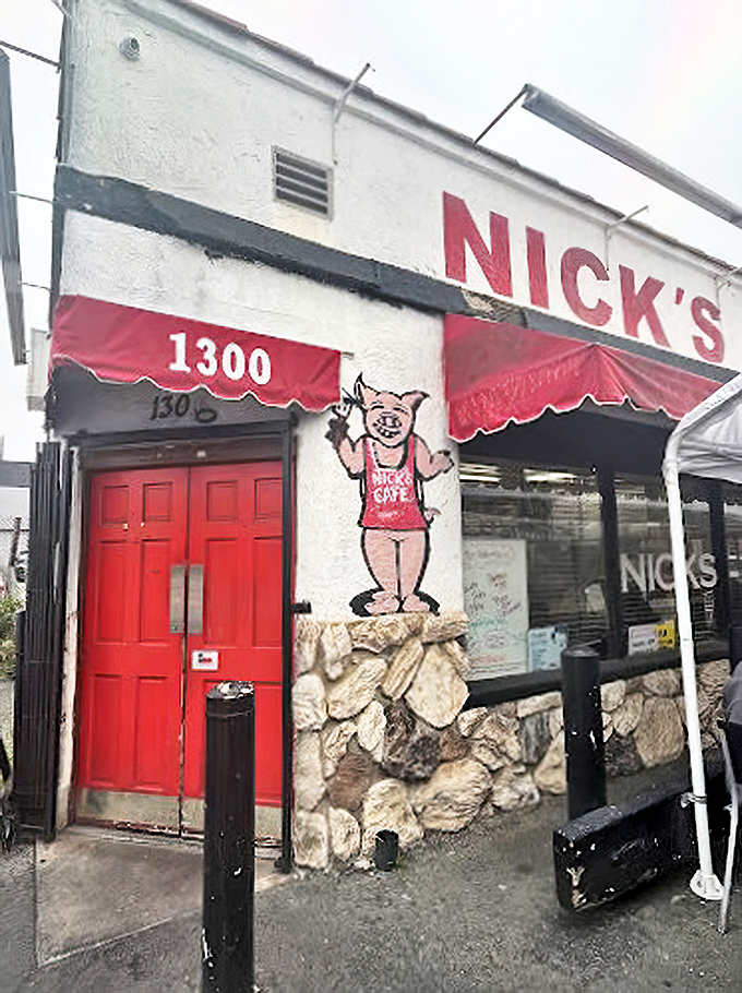 That red door and pig mascot welcome you like old friends who happen to make the best breakfast in town.