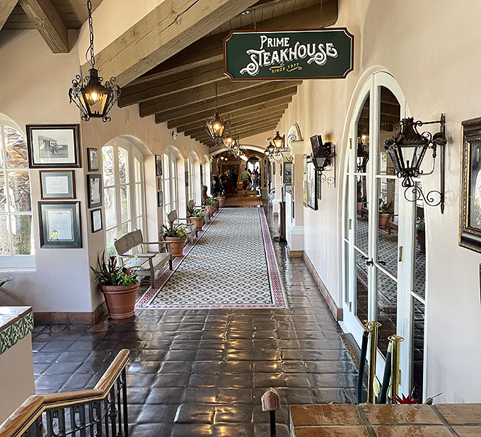 This corridor isn't just a hallway&mdash;it's the runway to flavor town. The tile floor and hanging lanterns set the stage for the main event.